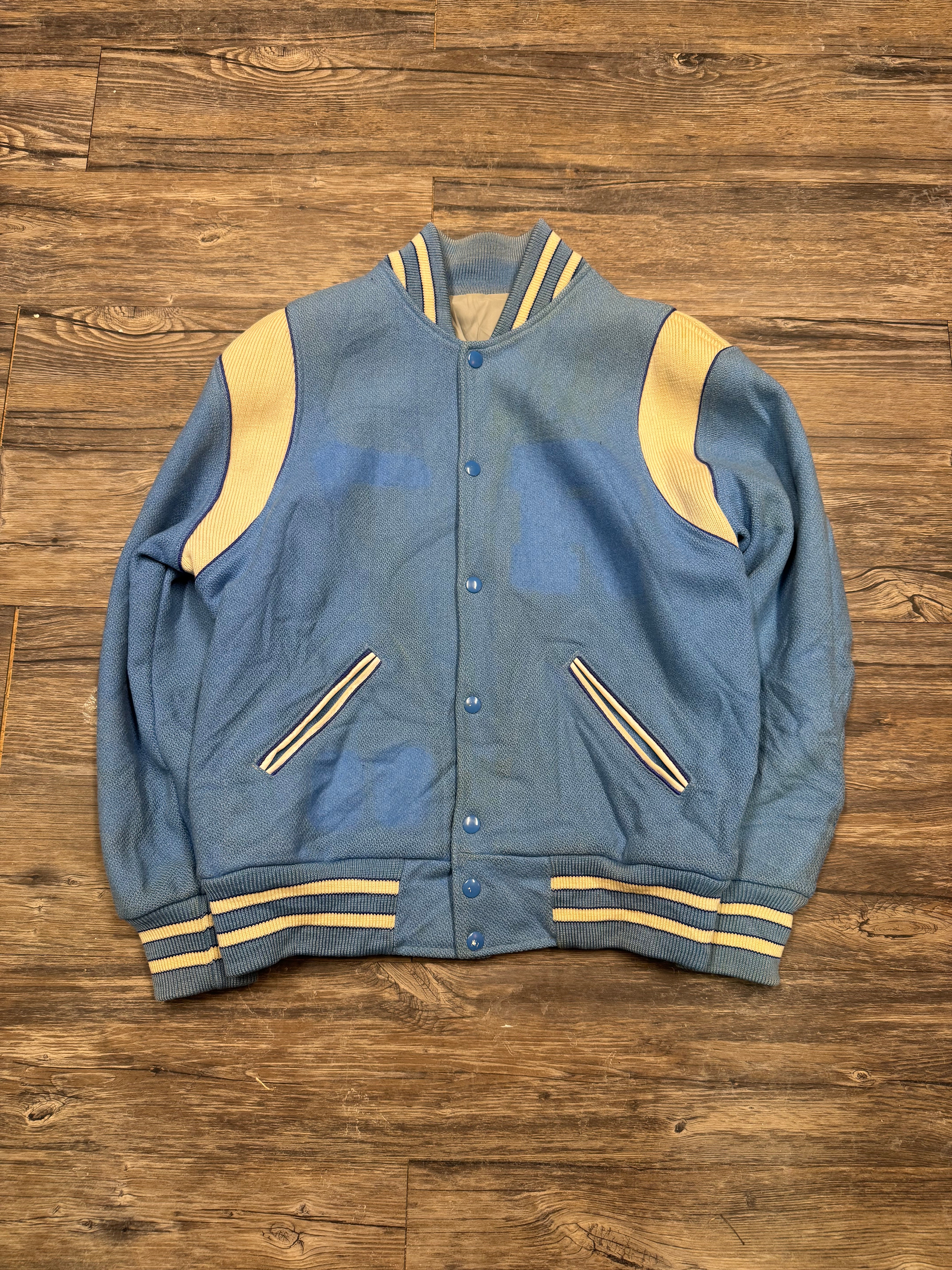 70’s BABY BLUE LEATHER VARSITY JACKET (M) – jfurswardrobe